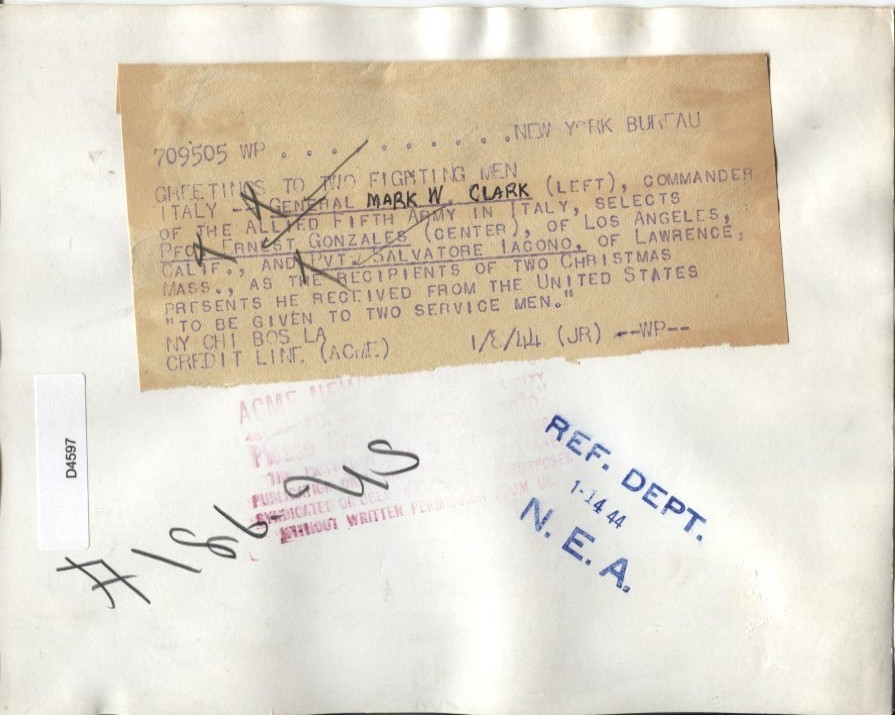 1944 Press Photo Gen Mark W Clark, PFC Ernest Gonzales & PVT Salvatore ...