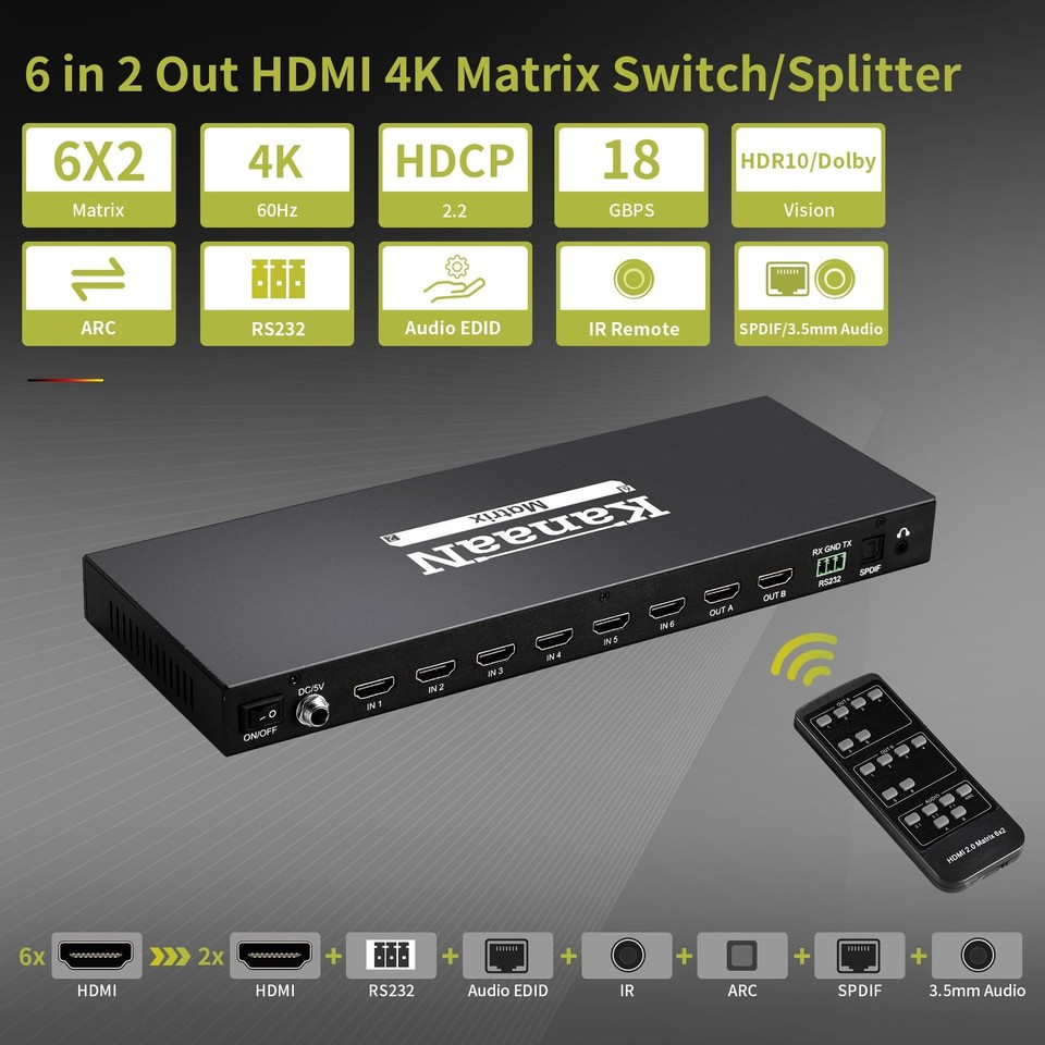 4K HDMI Matrix Switch/Splitter 6x2 - (6-Input, 2-Output) HDMI Video ...