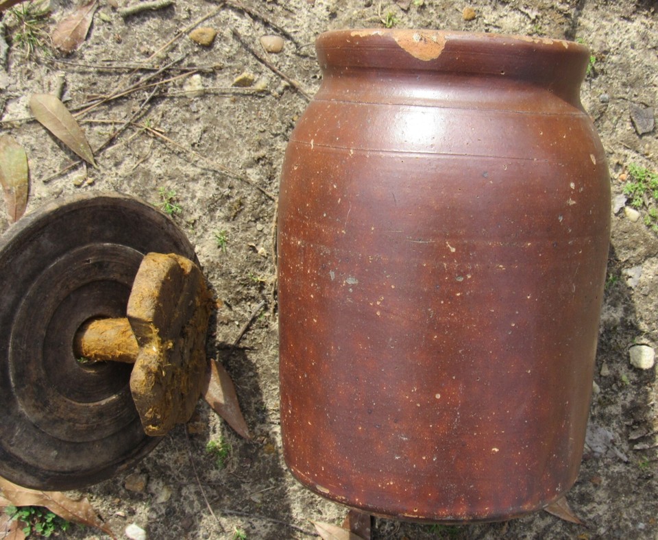 Vintage Butter Churn Stoneware Pottery 9" Wood Dasher Primative Brown ...
