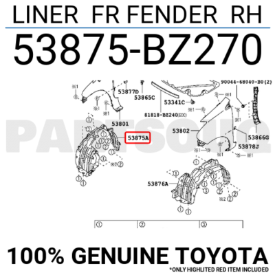 53875BZ270 Genuine Toyota LINER FR FENDER RH 53875-BZ270 | eBay