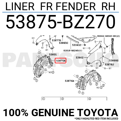 53875BZ270 Genuine Toyota LINER FR FENDER RH 53875-BZ270 | eBay