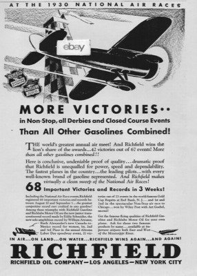 RICHFIELD OIL GASOLINE 1930 TIONA, PENNSYLVANIA MORE VICTORIES AT AIR ...