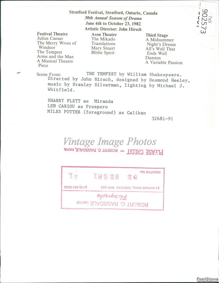 1982 Photo Stratford Fest Len Cariou Actor Miles Potter Sharry Flett ...