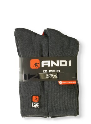 AND1® Men's Crew Socks 12 pack "ARCH COMPRESSION~Reinforced heel and ...