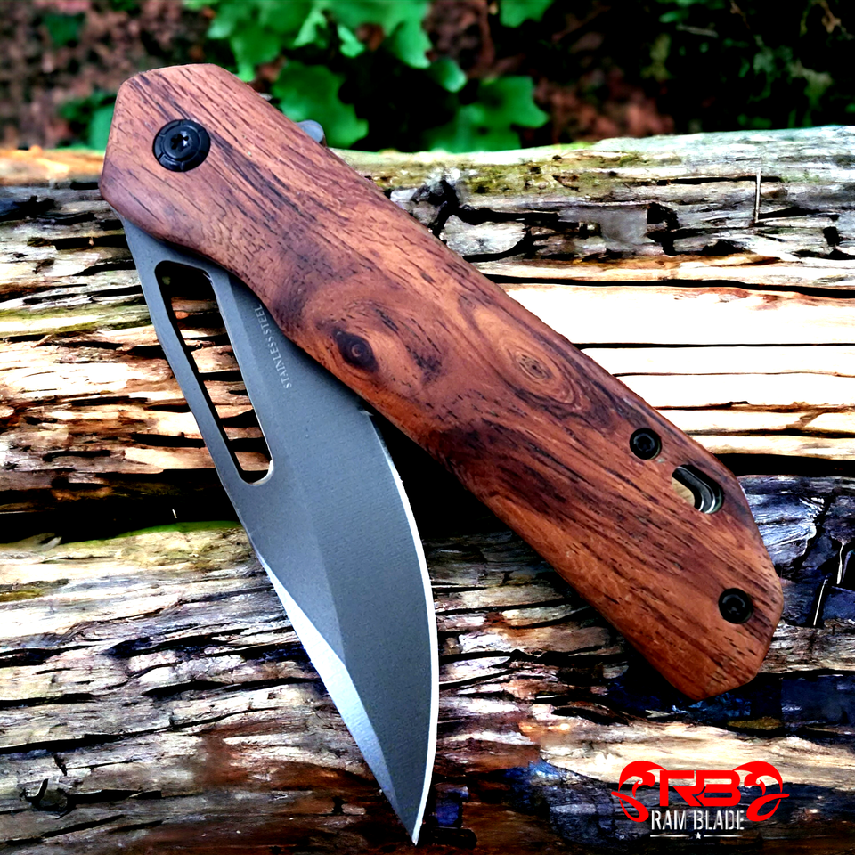 7.8" BROWN WOOD HANDLE TACTICAL Spring Assisted Folding Open Blade ...