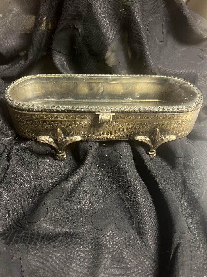 Victorian Style Brass and Glass Jewelry Casket Long Oval Footed Trinket ...
