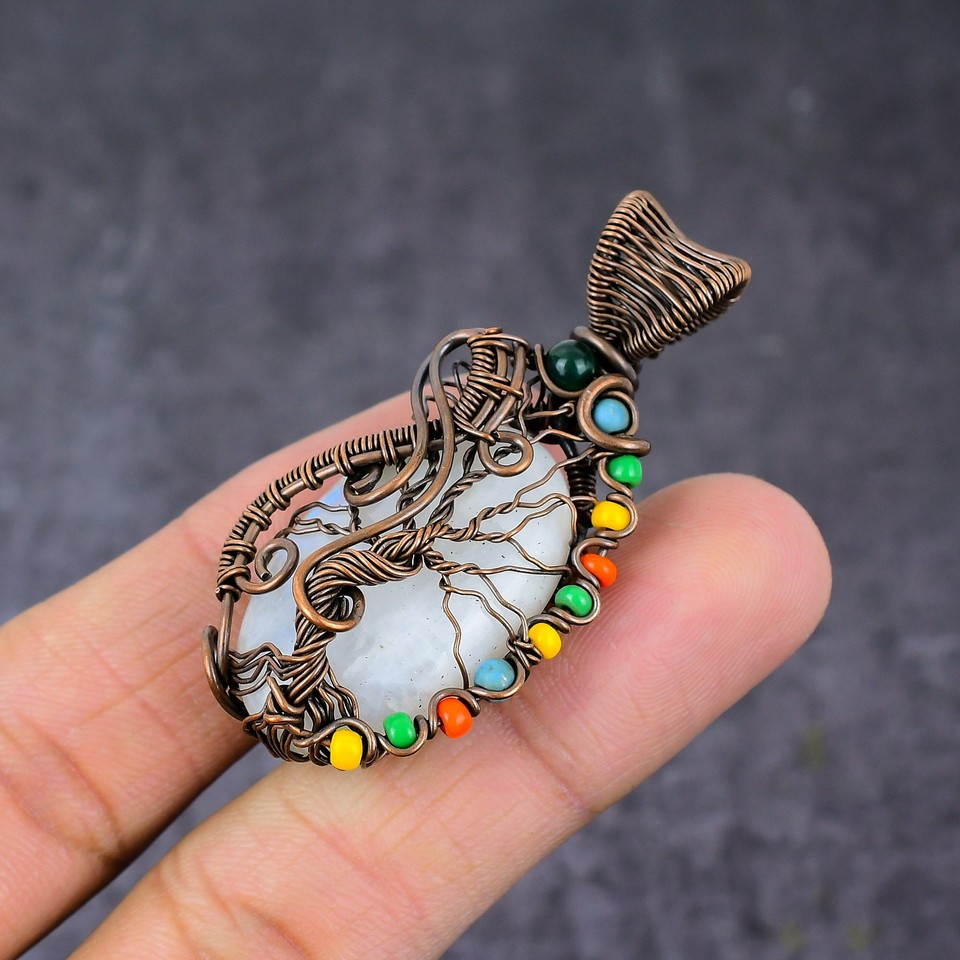 Rainbow Moonstone Handmade Copper Wire Wrap Tree Of Life Pendant 2.17 ...