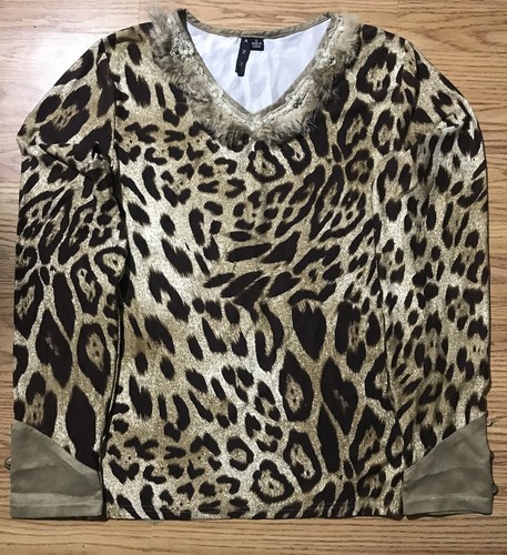 AZI Jeans Womens S Leopard Animal Print Top / Blouse Faux Fur V-Neck ...