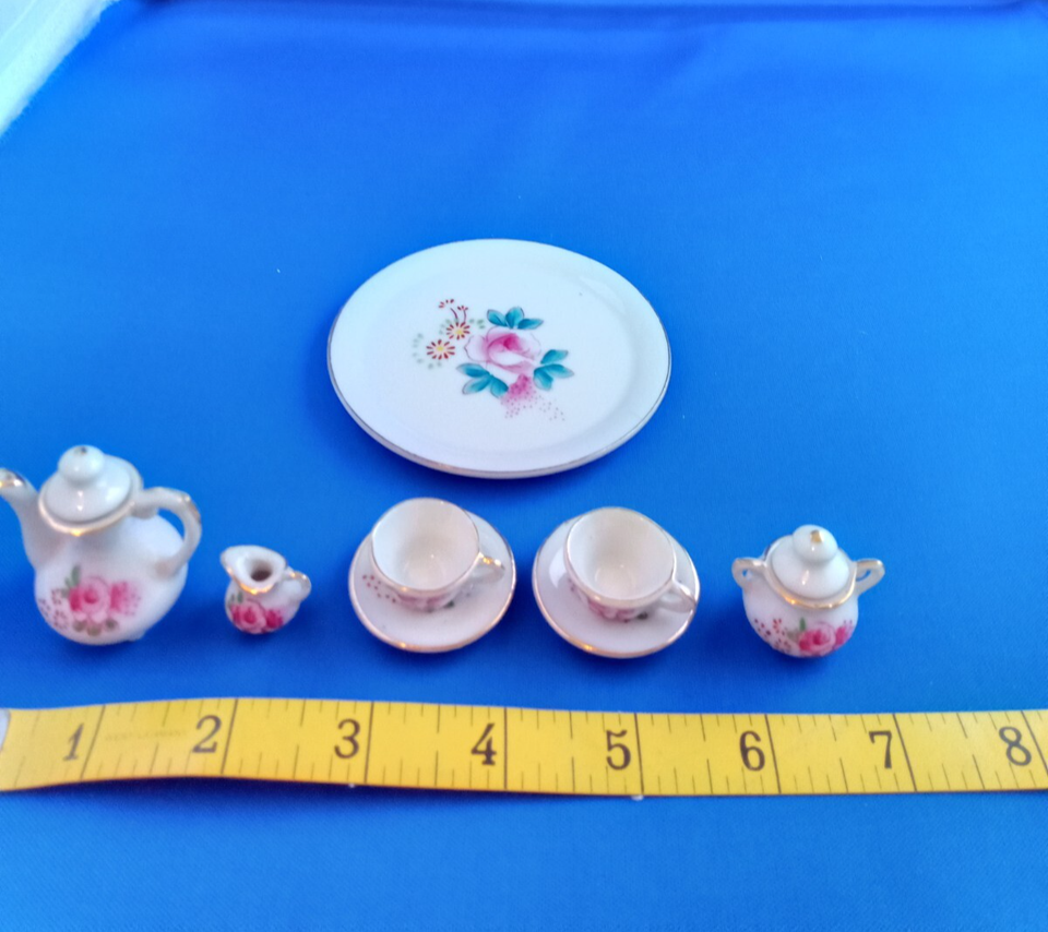 Beautiful 10 piece dollhouse tea set pink roses on white porcelain | eBay