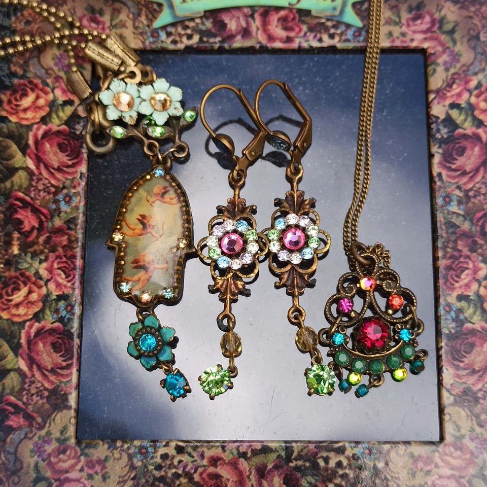 Michal Negrin Lot Earrings 2 Necklaces Colorful Romantic Floral Angels ...