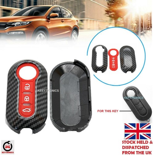 3 BUTTON KEY COVER CASE CARBON FIBRE + RED PAD FOR FIAT 500 PANDA PUNTO ...