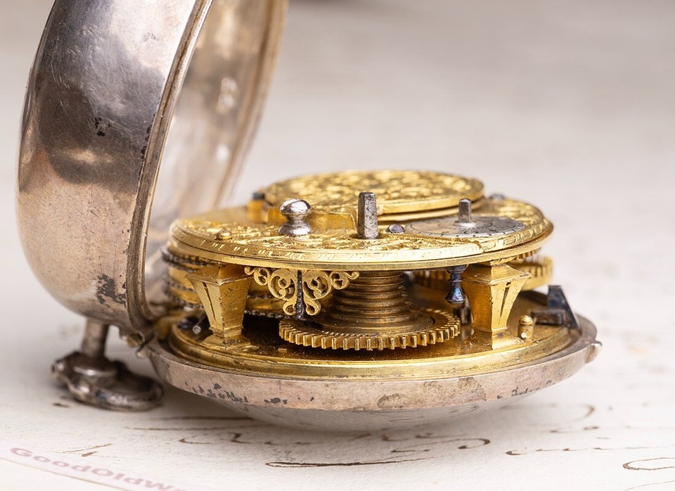 1710s Champleve Dial Repousse Pair Case Silver Verge Fusee Antique ...