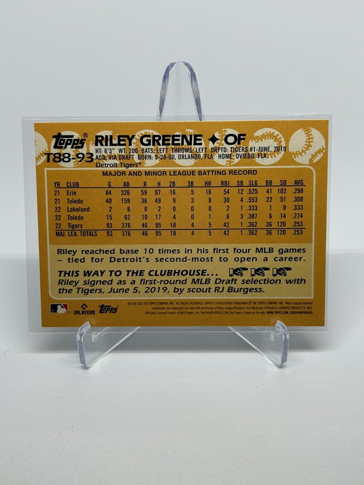 20223 Topps Series 1 Riley Greene Rookie 1988 Retro Insert #T88-93 ...