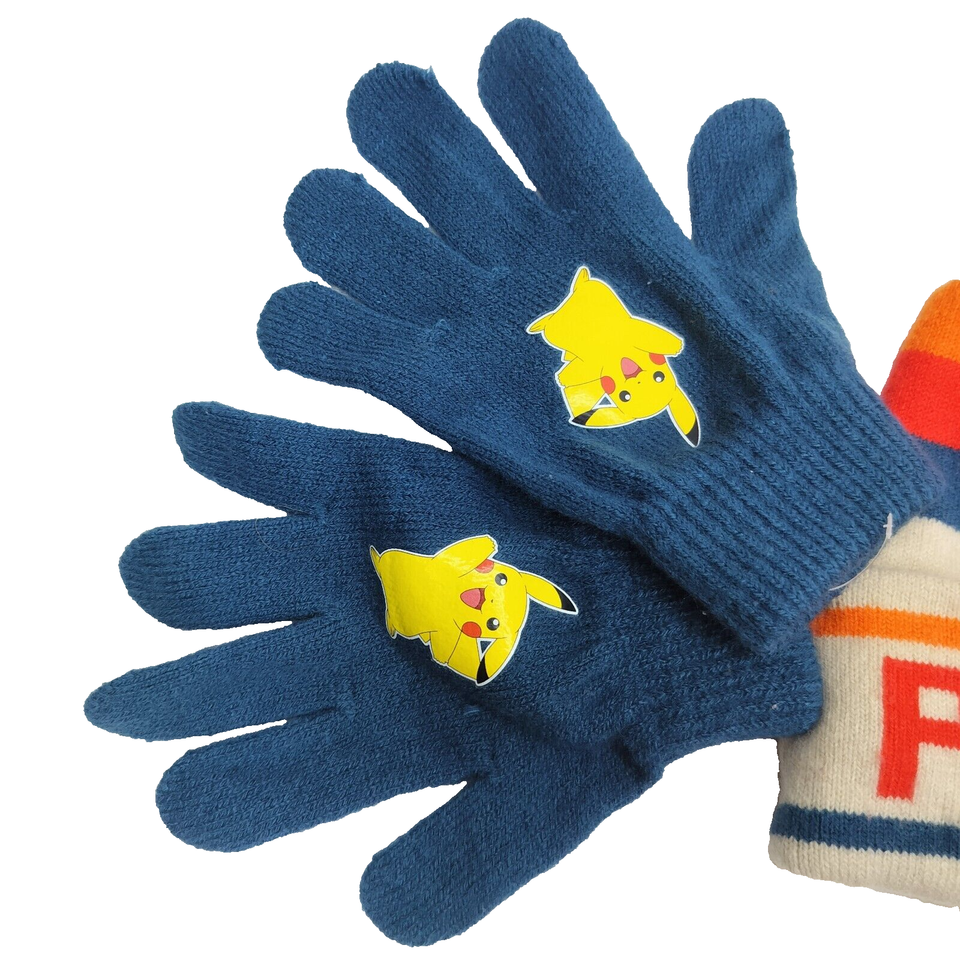 Pokémon Pikachu Beanie Glove Set Beige Blue Red One Size Stretch Knit ...