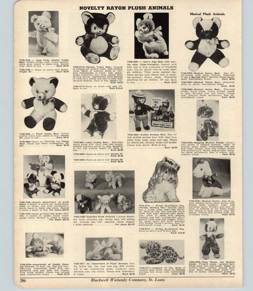 1954 PAPER AD Hol-Le Stuffed Animals Zany Puppet Smokey Bear Windy ...