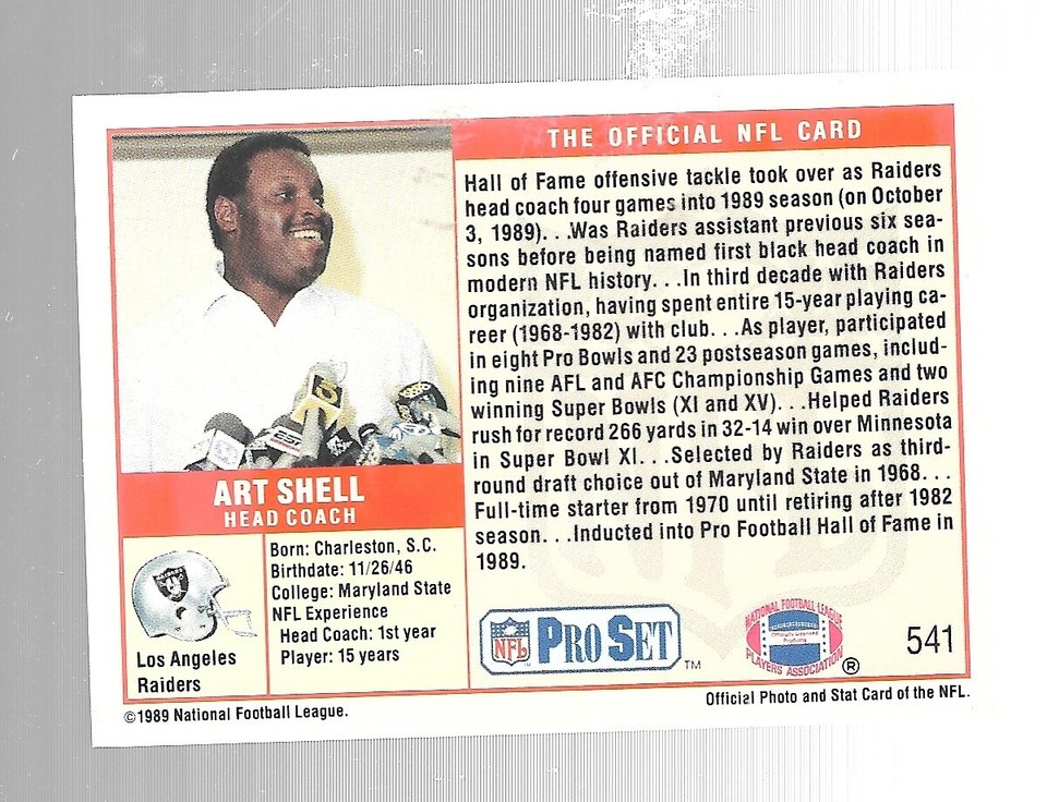 1989 NFL Pro Set Hall Of Fame Art Shell 541 Oakland Raiders Football ...
