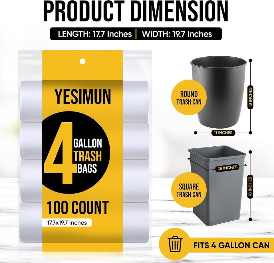 100 PCS 4 Gallon Trash Bags Kitchen Trash Bags Small Garbage Rubbish ...