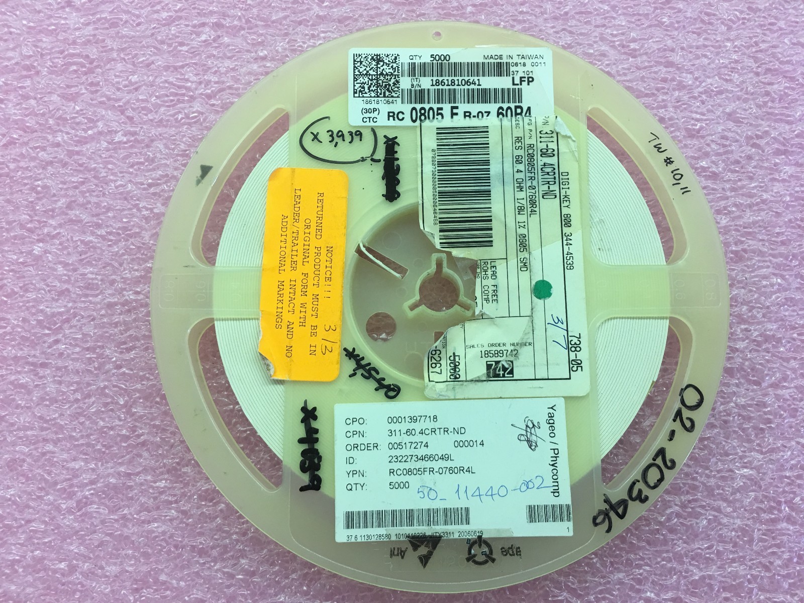 (3,453 PIECE REEL) RC0805FR-0760R4L, YAGEO, RES SMD 60.4 OHM 1% 1/8W ...