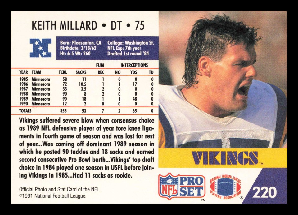 Keith Millard #220 1991 Pro Set Minnesota Vikings | eBay