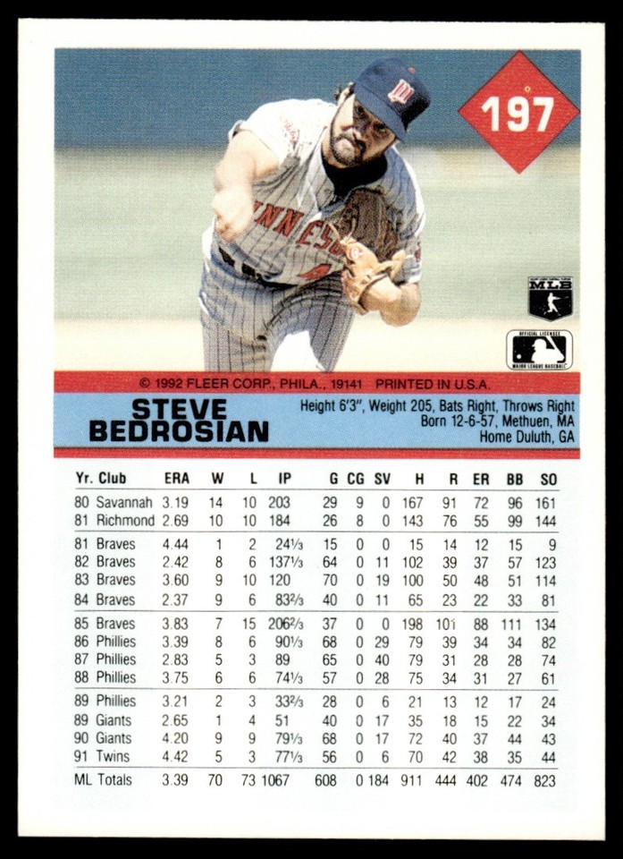 1992 FLEER STEVE BEDROSIAN #197 MINNESOTA TWINS 831 | eBay