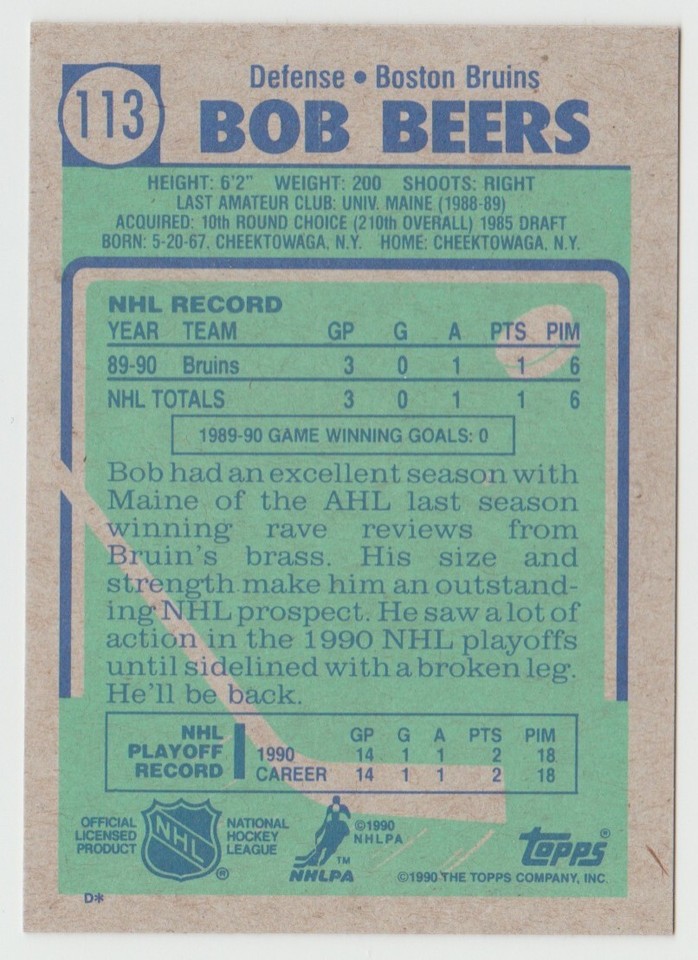 1990-91 Topps Hockey #113 Bob Beers RC - Boston Bruins | eBay