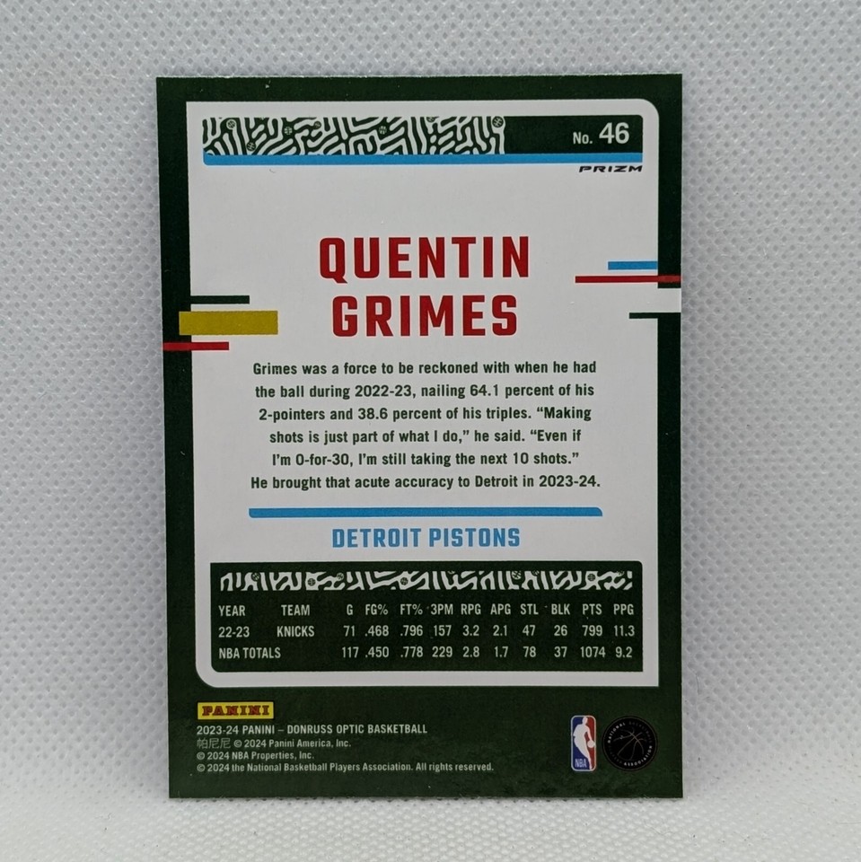 2023-24 Donruss Optic Purple Shock Quentin Grimes Detroit Pistons #46 ...