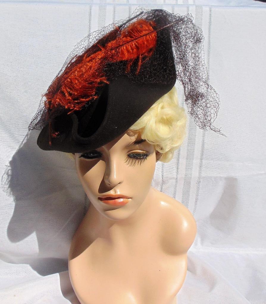 NOS Vtg 40s Fisk Model Merrimac Tri Corner Brown Felt Hat W orange ...