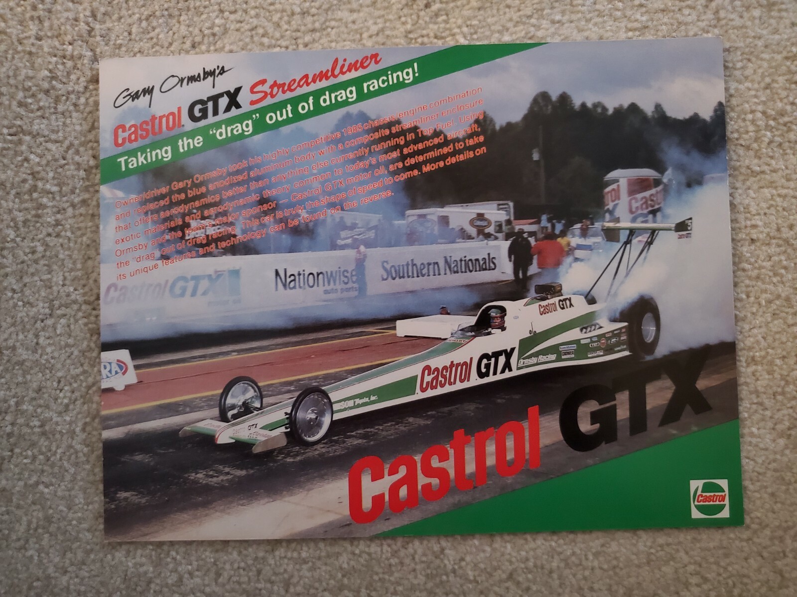 Gary Ormsby Castrol GTX Streamliner Top Fuel Dragster Handout/Hero Card ...