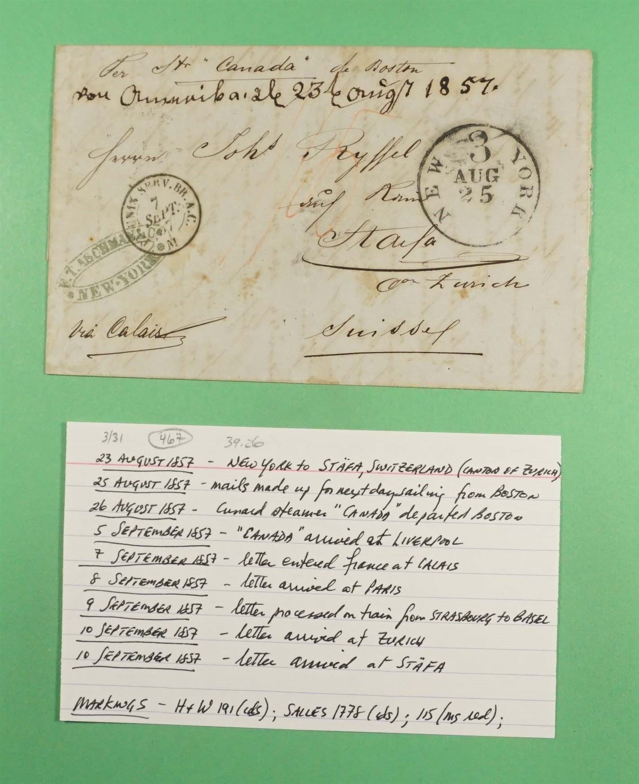 DR WHO 1857 STAMPLESS F/L PAQUEBOT CANADA SHIP NY TO STAFA SWITZERLAND ...