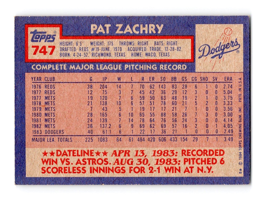 1984 Topps #747 Pat Zachry Los Angeles Dodgers Baseball Card | eBay