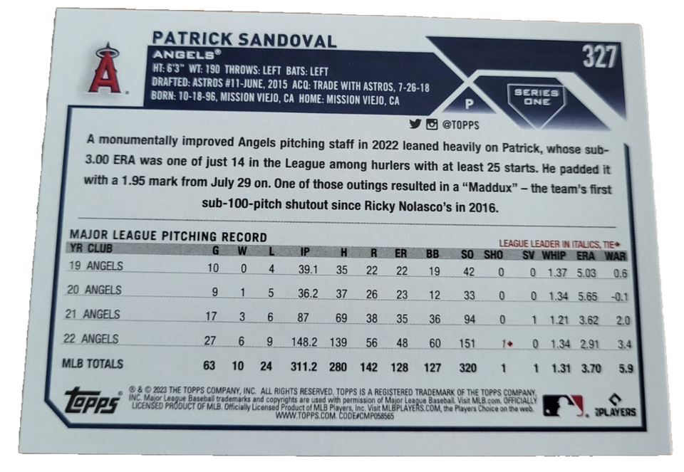 2023 Topps #327 Patrick Sandoval Los Angeles Angels Anaheim Baseball ...