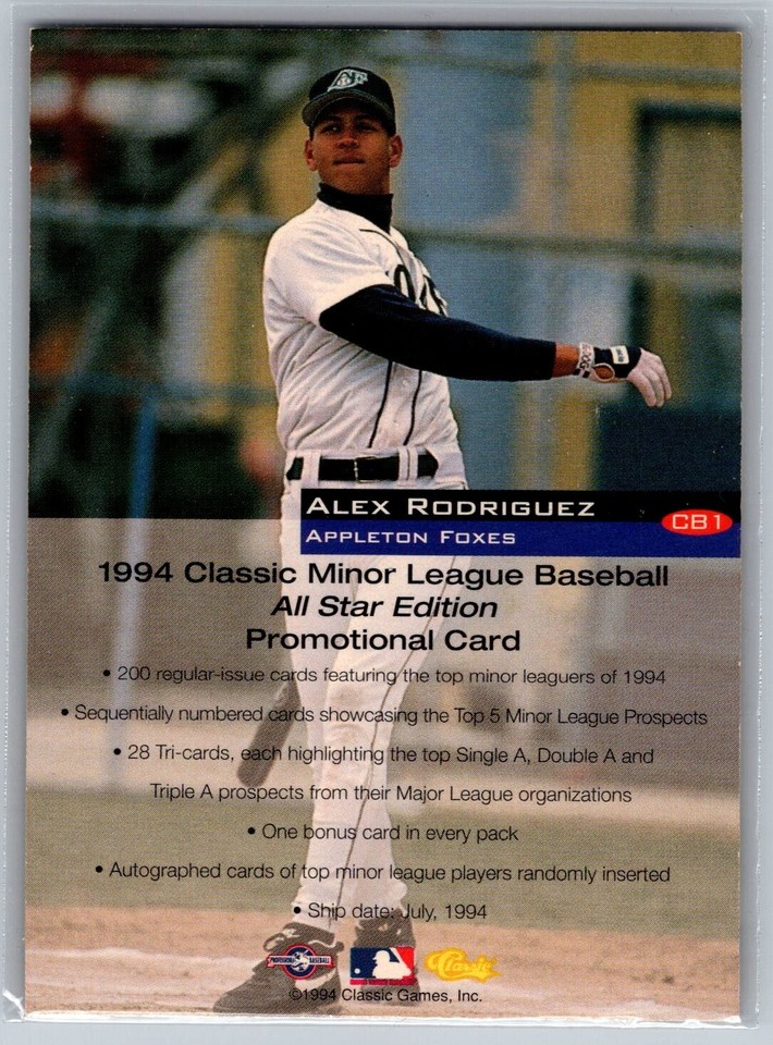 1994 Classic #CB1 Alex Rodriguez MiLB All Star Promotional Appleton ...
