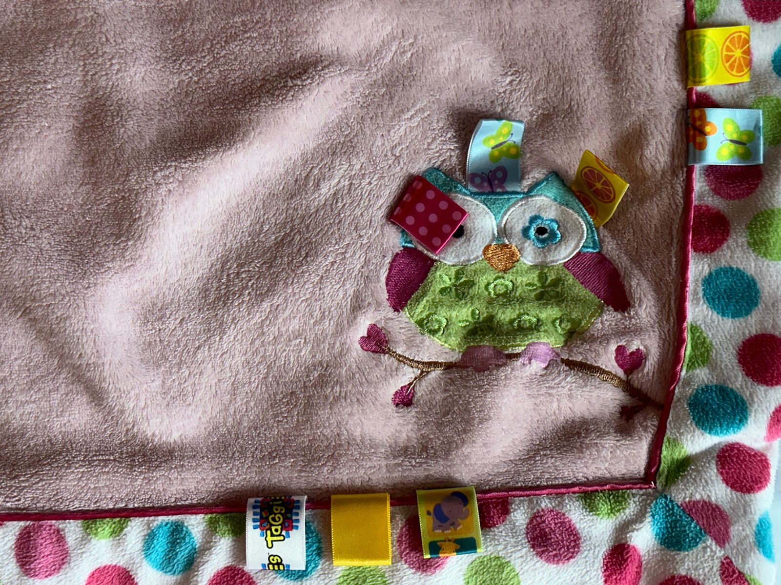 TAGGIES Baby Blanket Owl Pink Satin Polka Dot Trim Tags HTF | eBay