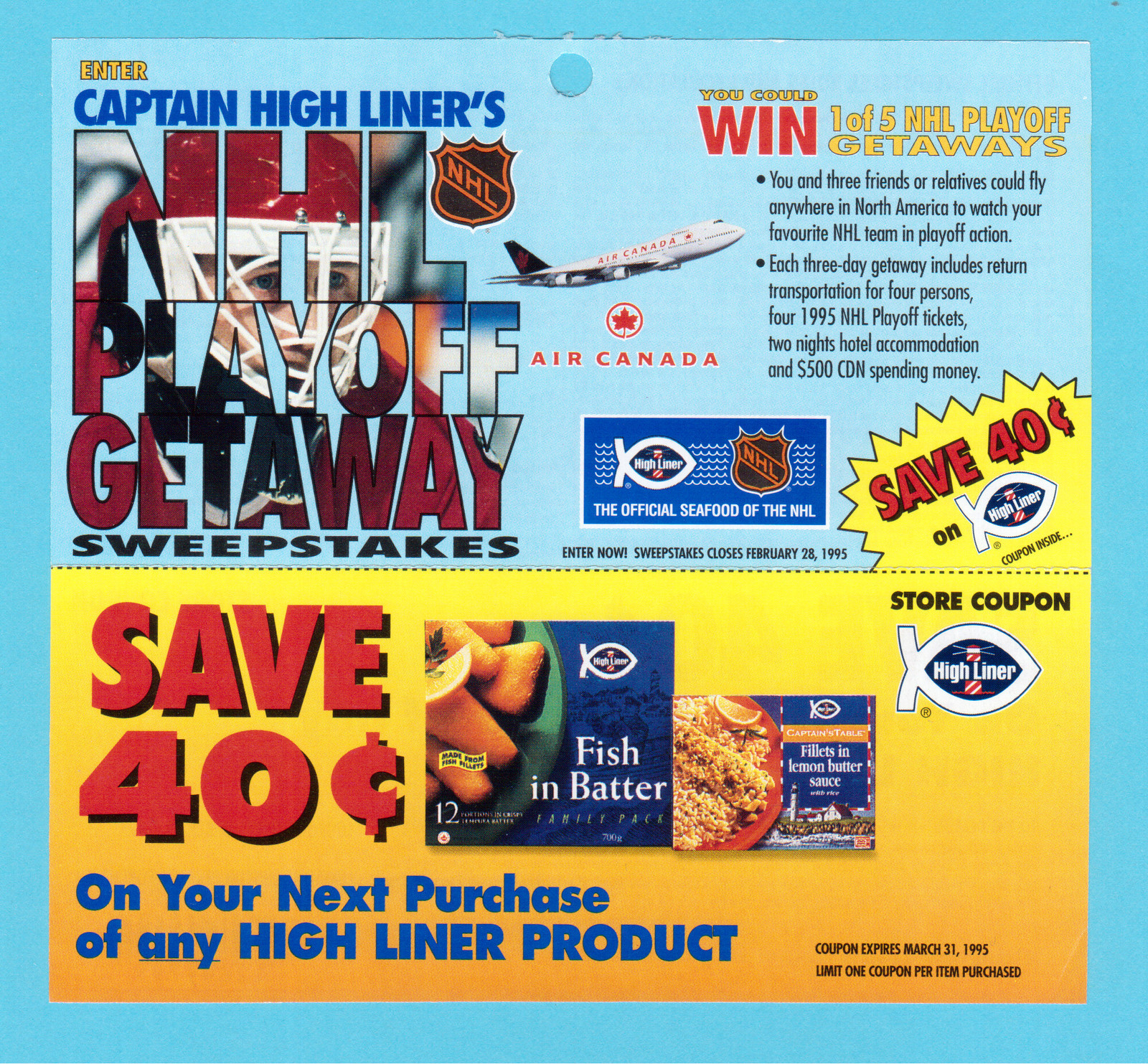Ed Belfour 1995 High Liner Hockey Ad Coupon Brochure Contest Entry Form ...