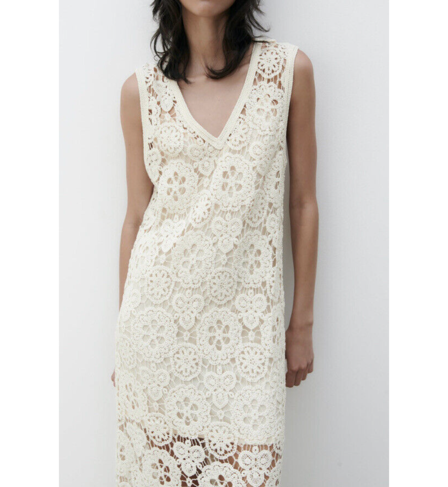 ZARA $89 MACRAMÉ CROCHET KNIT DRESS LINED FLORAL ECRU WHITE S,M 2893/ ...
