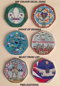 50P FIFTY PENCE COLOUR DECAL COIN STICKERS Scouts Guides WWF Britain ...