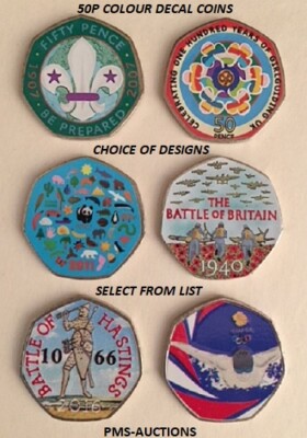 50P FIFTY PENCE COLOUR DECAL COIN STICKERS Scouts Guides WWF Britain ...