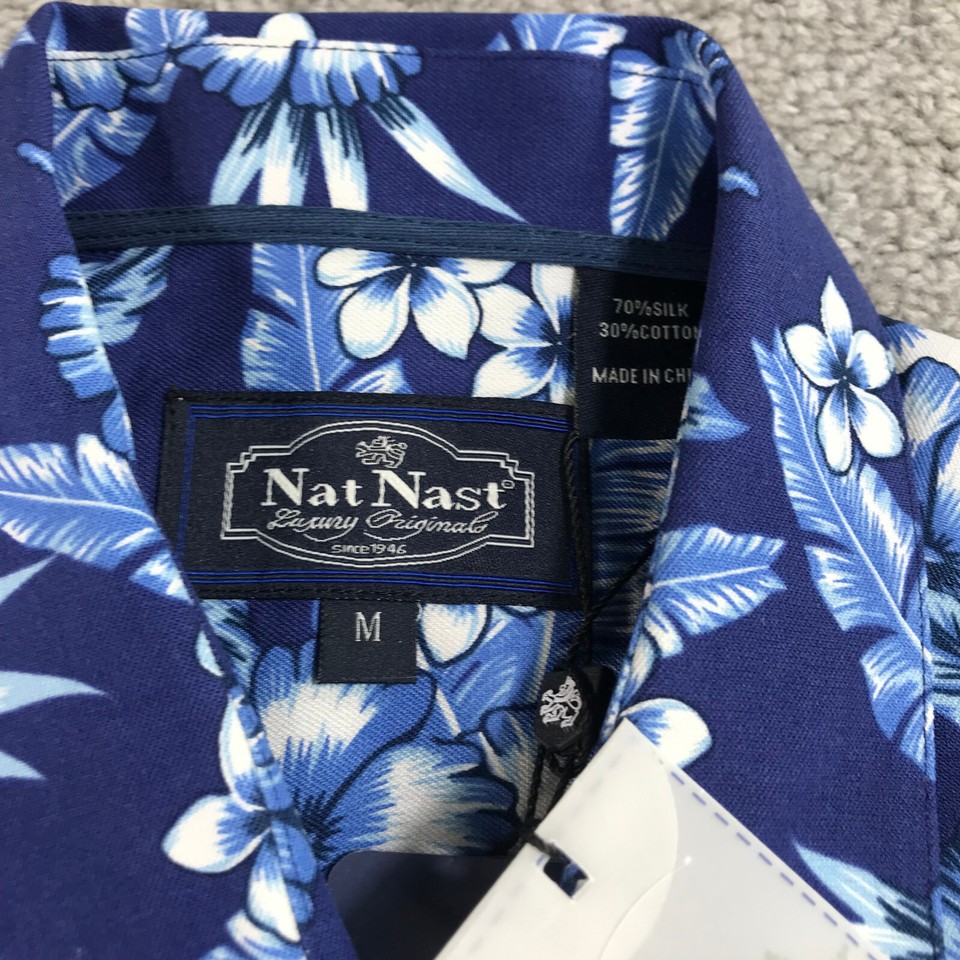 Nat Nast Shirt Mens Medium Button Up Silk Floral Blue Navy Hawaiian ...