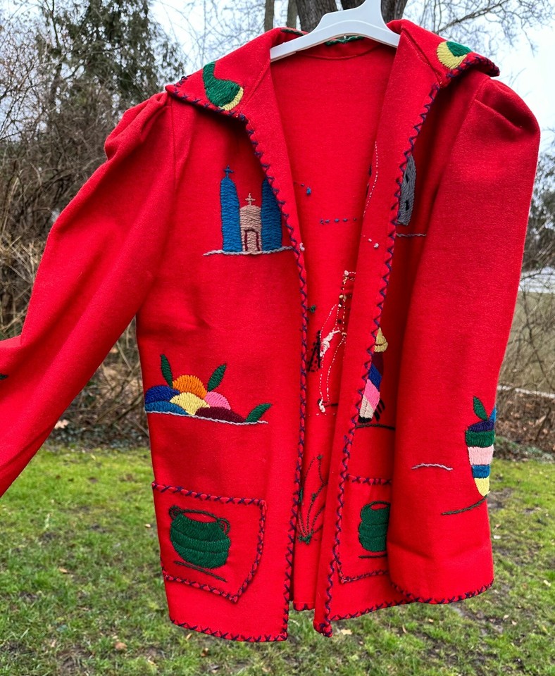 Vintage Mexican Embroidered Souvenir Open Blazer Jacket 1950s Red Wool ...