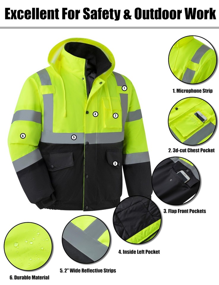 Ubon High Visibility Winter Safety Jacket Waterproof Reflective Worker ...