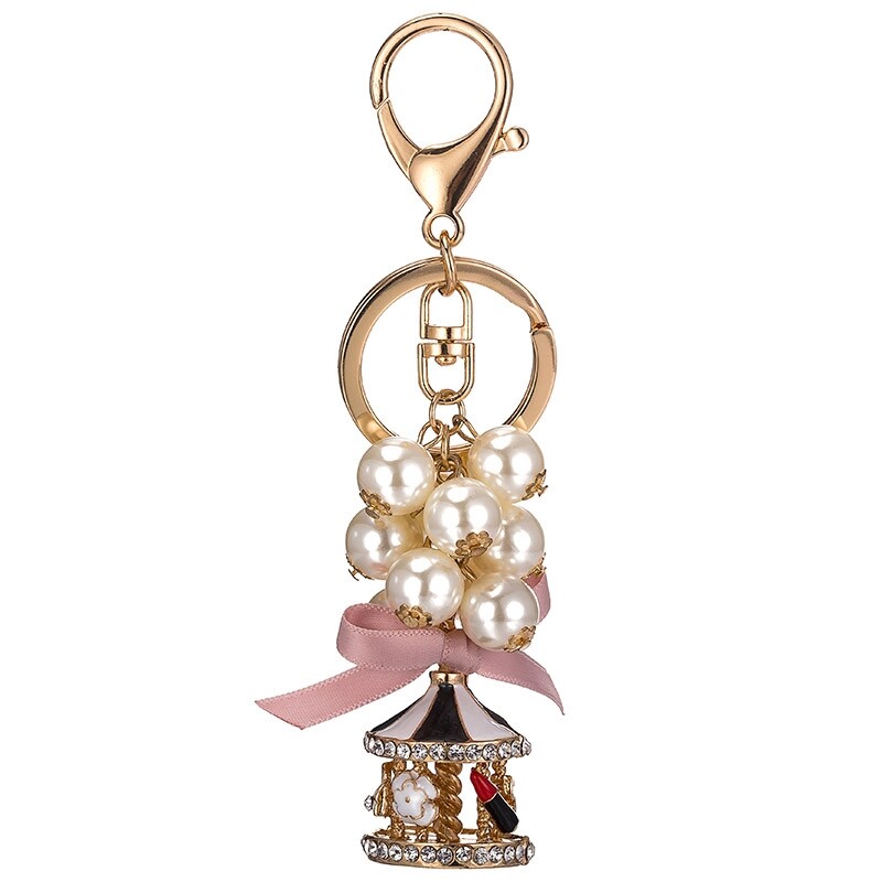 Pink/Blue/Black Carousel Keychain Womens Gold Car Key Ring White Pearl ...