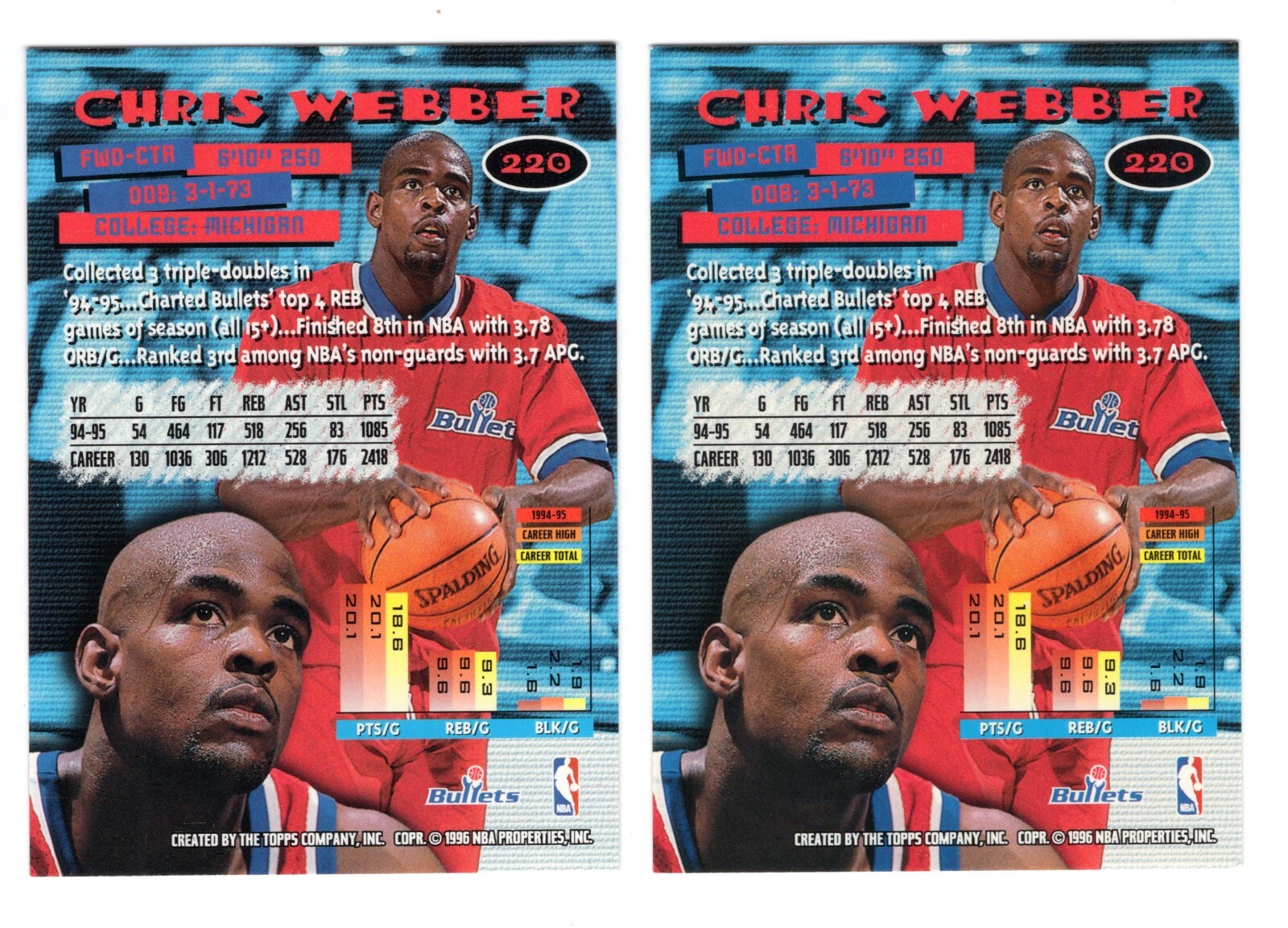 (2) 1995-96 STADIUM CLUB CHRIS WEBBER CARD #220 LOT **NM-MT ...