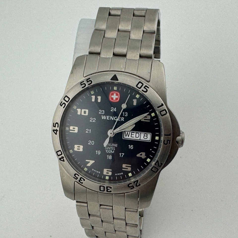 Wenger Swiss Military Quartz Watch Men 100m Silver Blue Day Date New ...