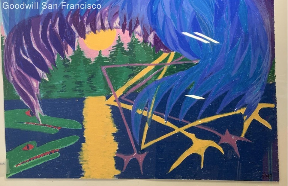 1988 Pastel Drawing on Paper Abstract Landscape W/ Herons & Crocodiles ...