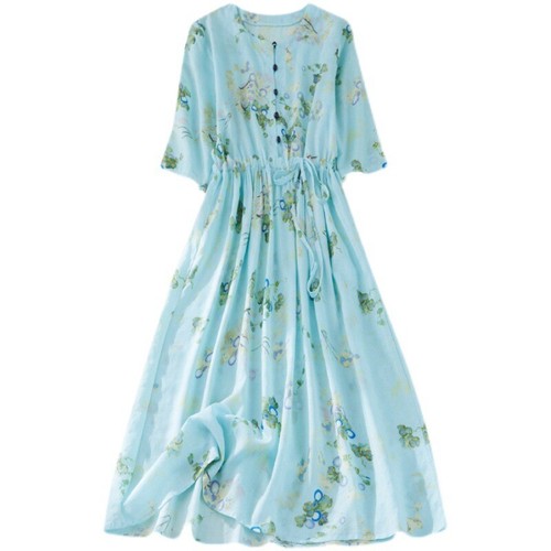 women Chinese Ethnic Dress Half Sleeve Floral Printed Drawstring Waist ...