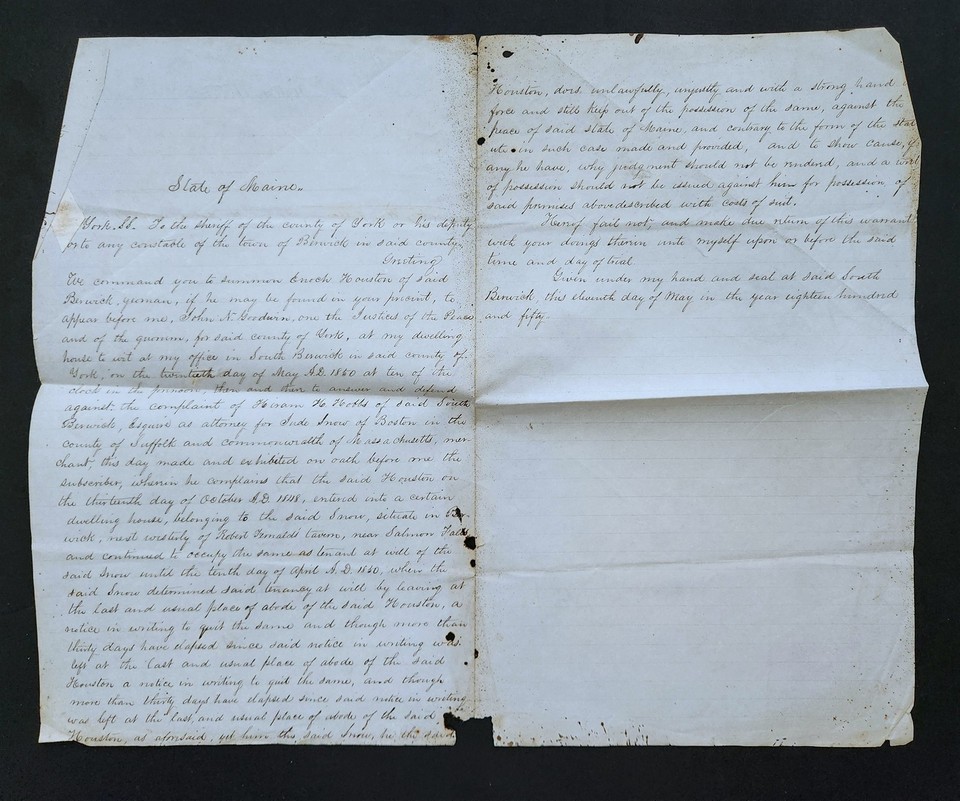 1850 antique MAINE EVICTION south berwick me SNOW v HOUSTON legal case ...