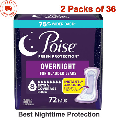 Poise Overnight Incontinence Pads for Women, 8 Drop Extra Coverage, 72 ...