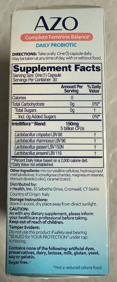 AZO Complete Feminine Balance Daily Probiotic 30 Capsules Exp 04/2025 ...