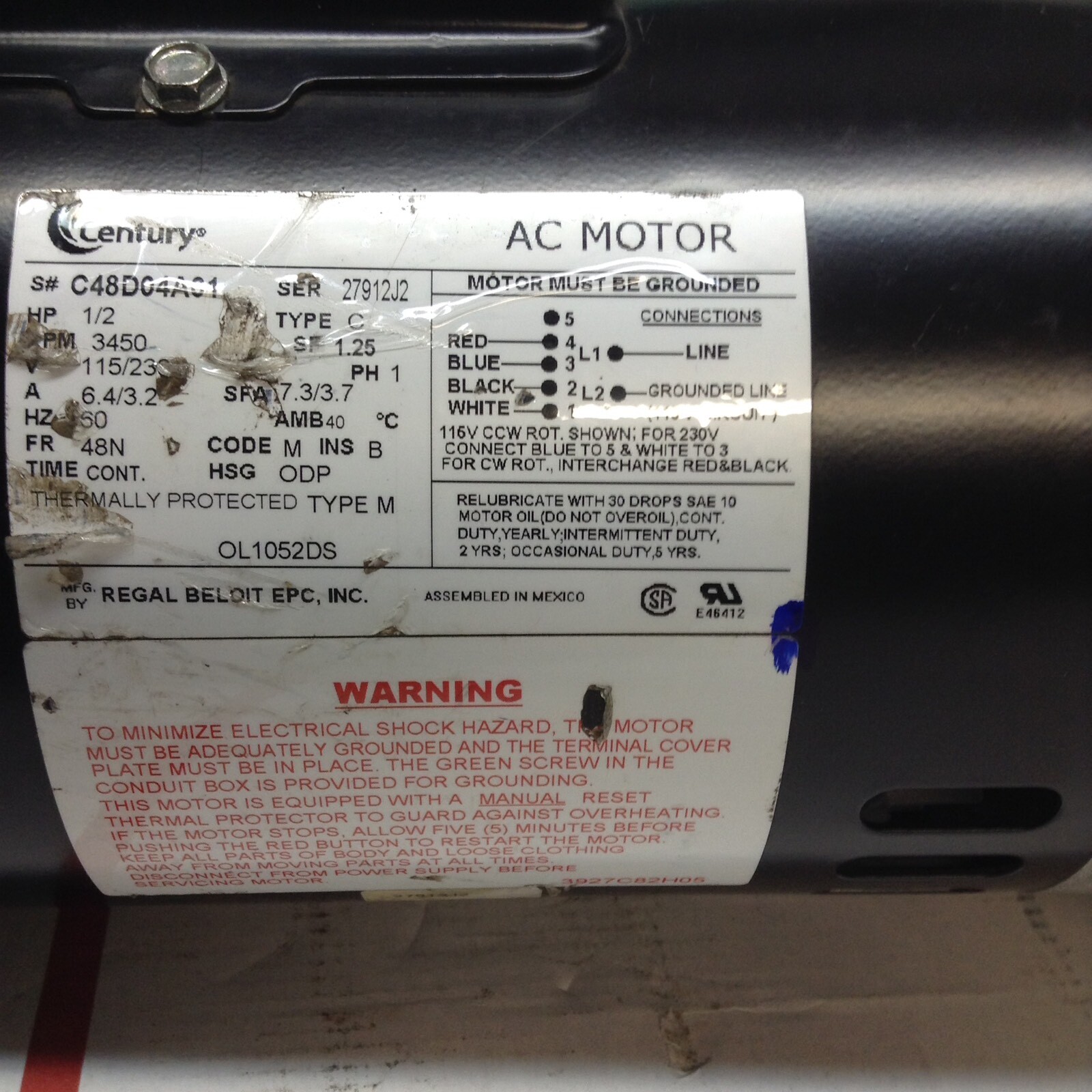 Century Motor C48D04AC1 1/2 HP 3450RPM 48N FRAME 115/230VOLT EUC | eBay