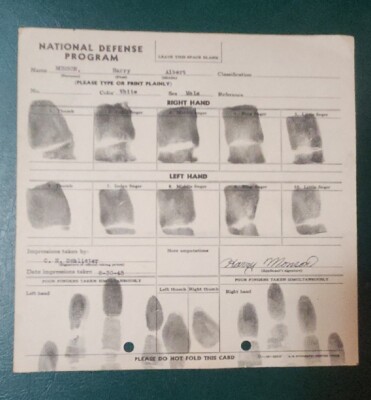 Original 1945 NATIONAL DEFENSE PROGRAM FBI Fingerprint Card Application ...